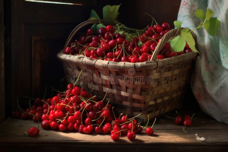 Fresh Cherries Piled High in a Rustic Basket Stock Illustration ...