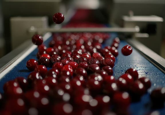 Fresh Cherries Rolling on a Conveyor Belt in a Processing Facility ...