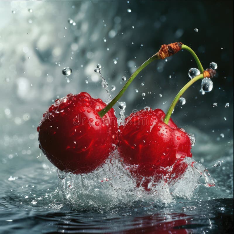 Fresh Cherries Splashing in Water Stock Illustration - Illustration of ...