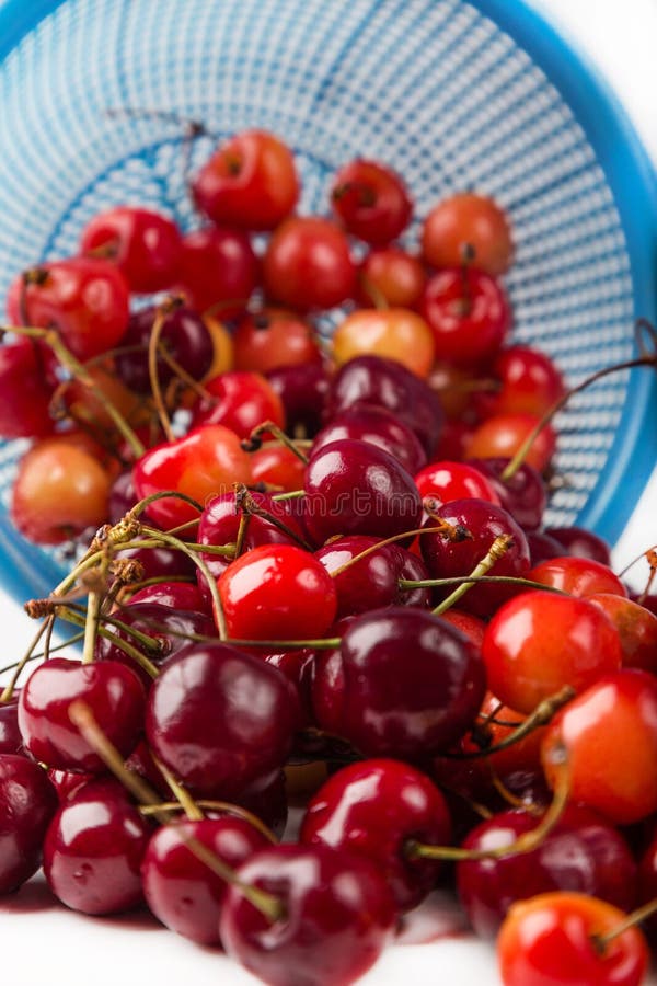 Fresh Cherry with Drop the Water in Blue Colander Stock Photo - Image ...