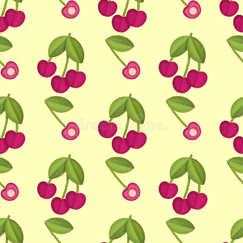 Fresh Cherry Hand Drawn Seamless Pattern Design. Red Cherry Berry ...