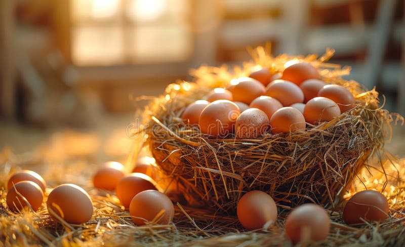 Fresh Chicken Eggs in the Hay. a Basket of Eggs on the Straw Floor ...