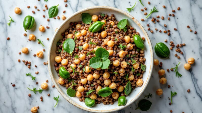 Fresh Chickpea and Buckwheat Salad with Basil on Marble Surface Stock ...