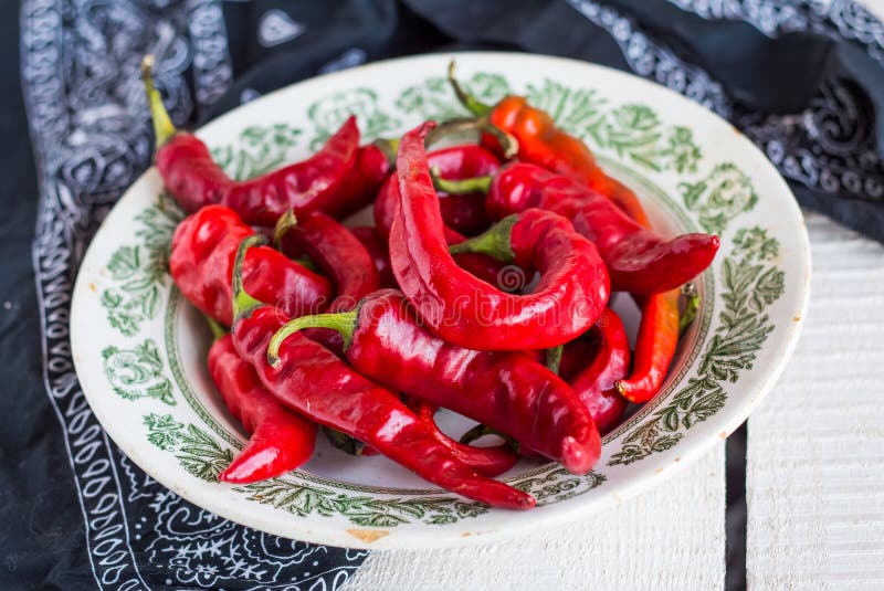 Fresh Chili Pepper in a Plate on a Board Stock Image - Image of food ...