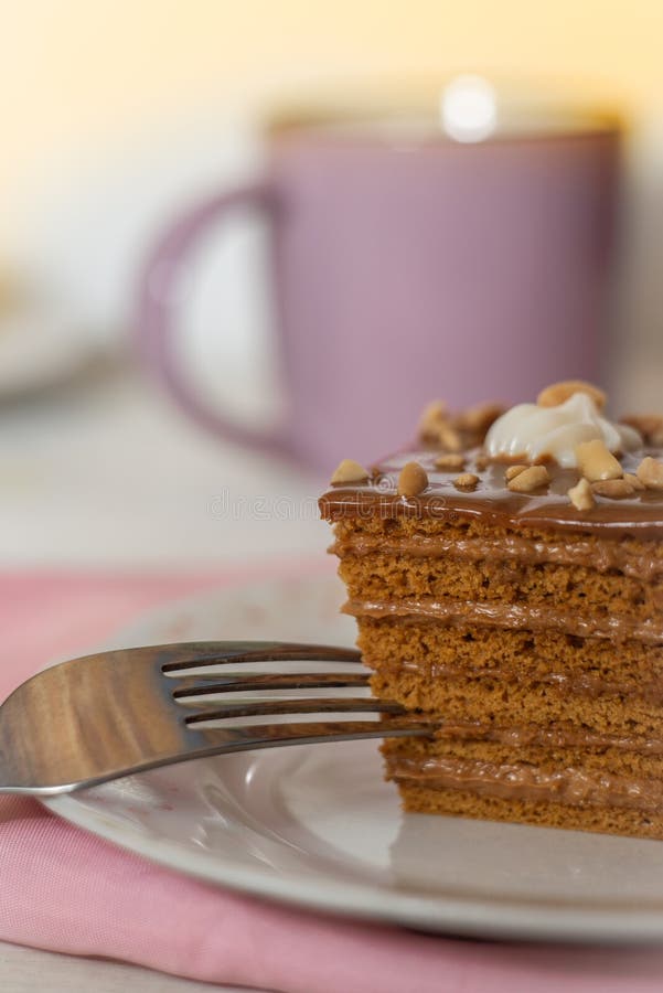 Fresh Chocolate Creamy Cake with Nuts, Close-up Appetizer Stock Photo ...