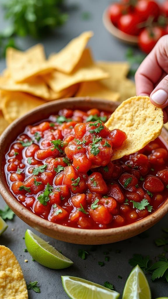 Fresh Chunky Tomato Salsa with Cilantro and Tortilla Chips Stock Image ...