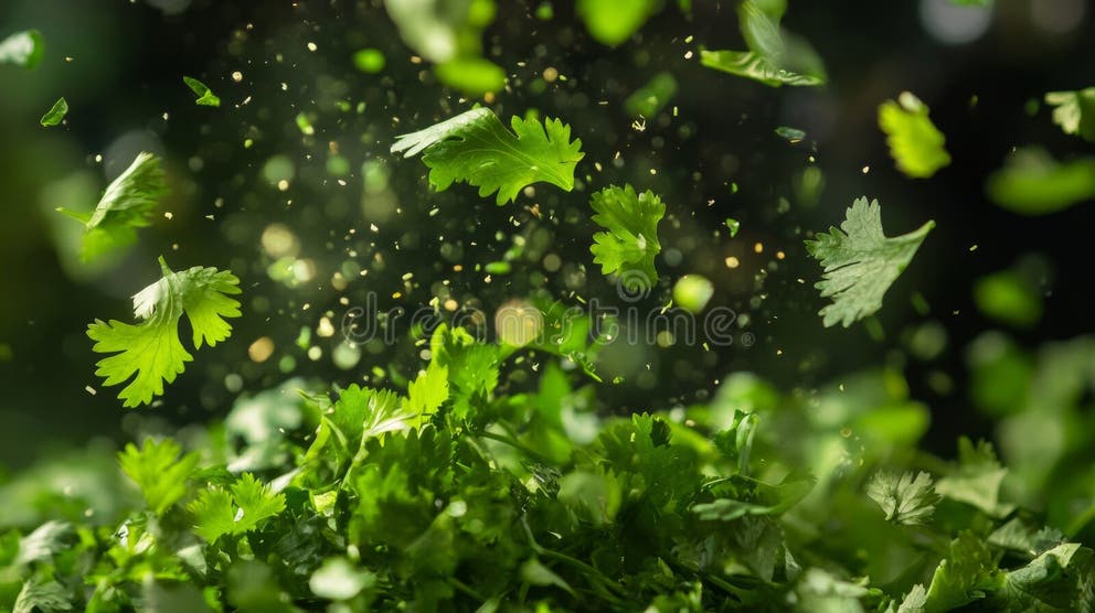 Fresh Cilantro Leaves Falling on Dark Background Stock Illustration ...