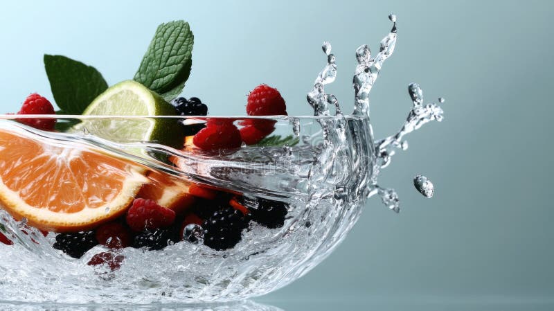Fresh Citrus and Berries Splash in Crystal Bowl Stock Photo - Image of ...