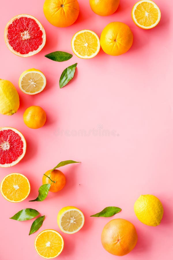 Fresh Citrus Frame. Oranges, Tangerines, Grapefruits, Leaves on Pink ...