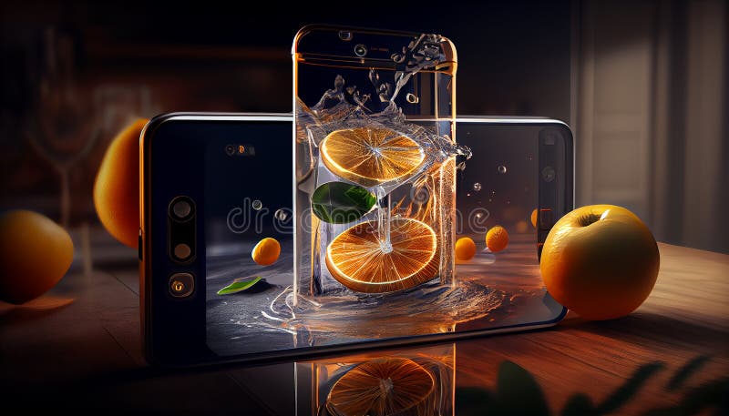 Fresh Citrus Fruit in Smartphone on Wooden Table with Drink ,generative ...
