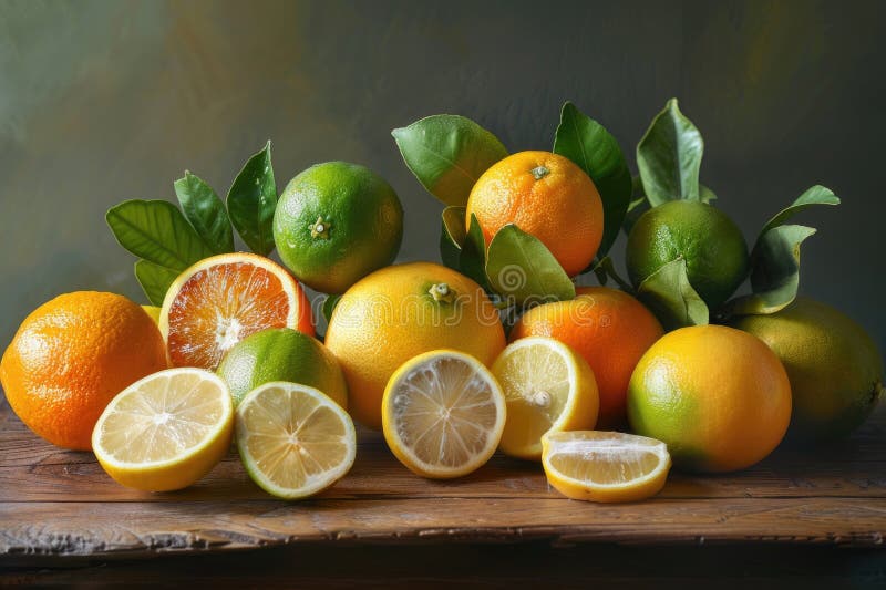 Fresh Citrus Fruits Assortment on Rustic Table Stock Photo - Image of ...