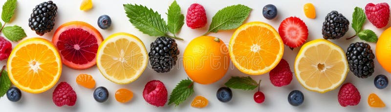 Fresh Citrus Fruits, Berries and Leafy Greens Scattered on a White ...