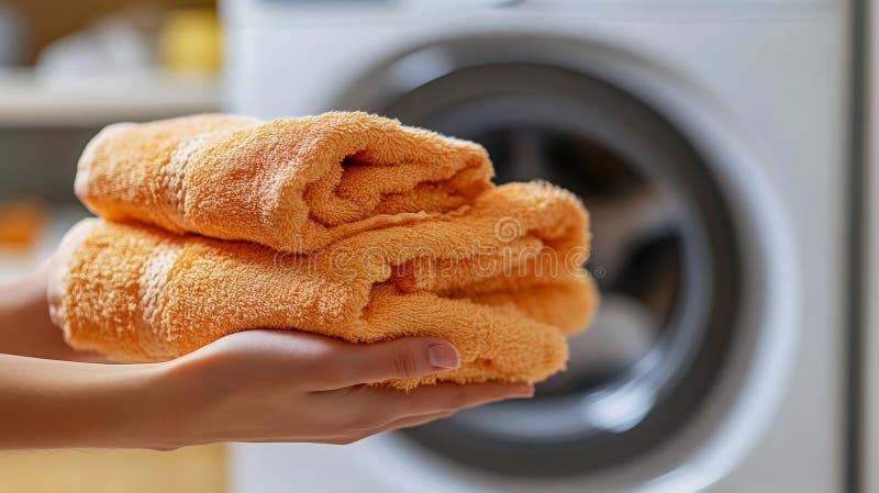 Fresh and Clean Hands Holding Soft Towels after Laundry, with Washing ...