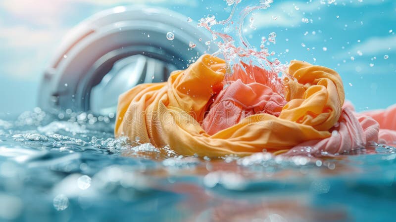 Fresh and Clean Laundry: Detergent Bottle and Washing Machine Ad with Floating Clothes and ...