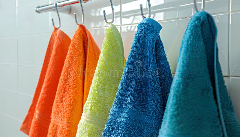 Fresh Clean Towels on Hanger in Bathroom Stock Photo - Image of laundry ...