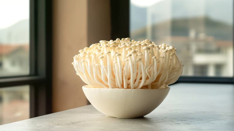 A Fresh Cluster of Enoki Mushrooms Stock Illustration - Illustration of ...