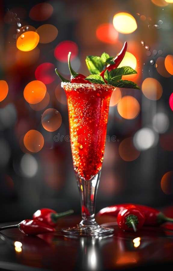Fresh Cocktail with Red Chili Pepper and Mint in Bar Stock Image ...