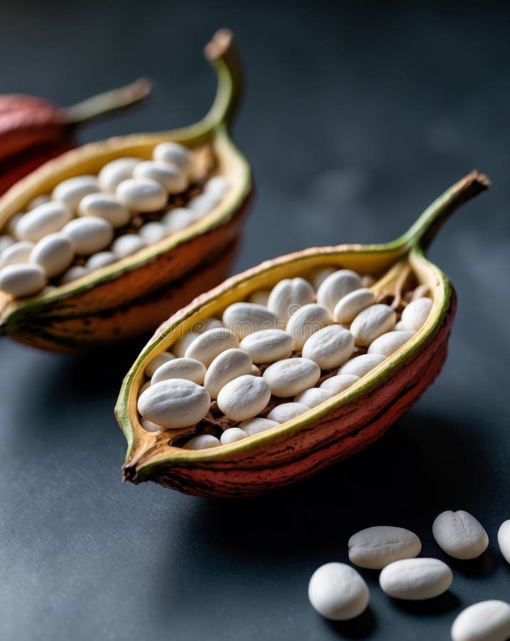 Fresh Cocoa Pods with White Cocoa Beans Displayed on Dark Surface Stock ...