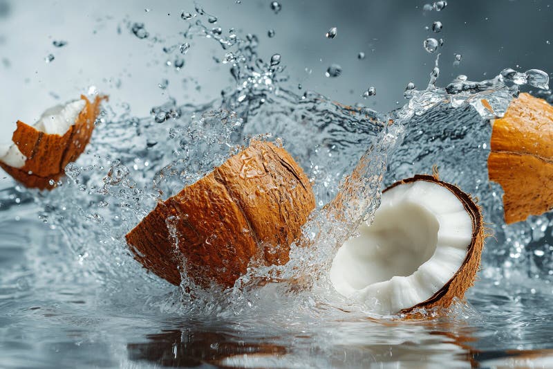 Fresh Coconut Broken into Pieces, Falling into Water Causing Splashes ...