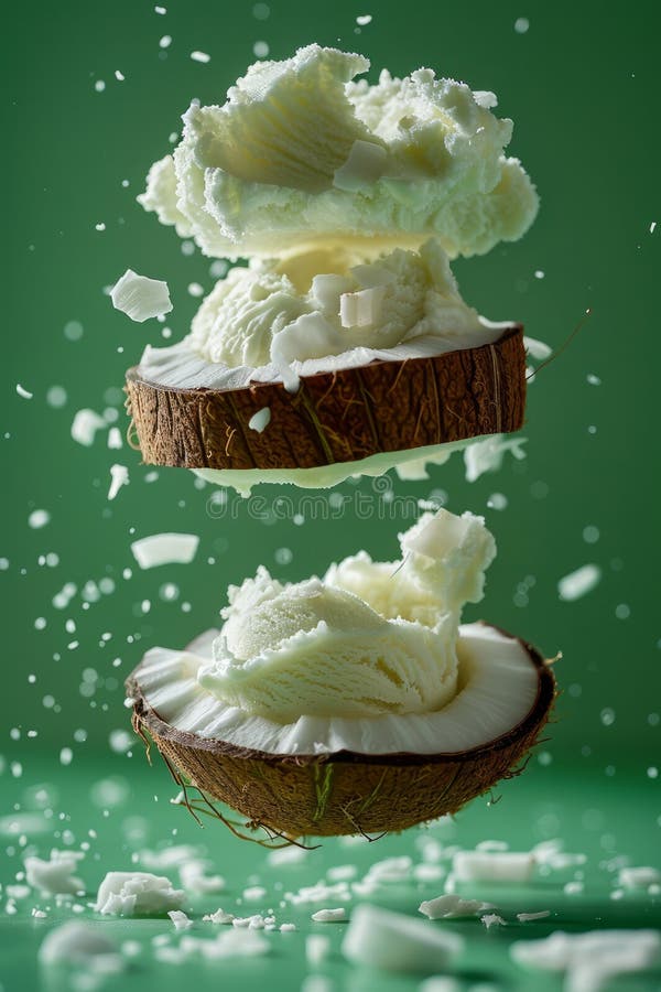 Fresh Coconut with Exploding Coconut Cream Against Green Background in ...