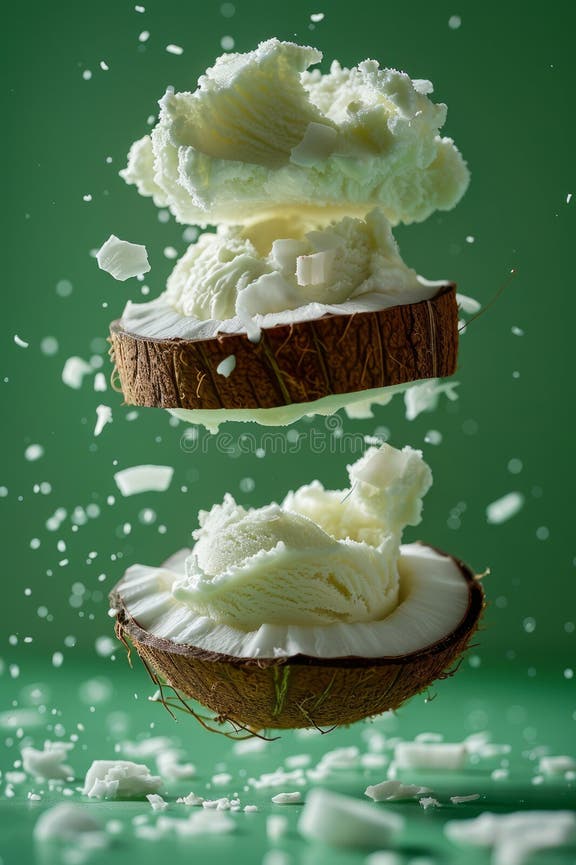 Fresh Coconut with Exploding Coconut Cream Against Green Background in ...