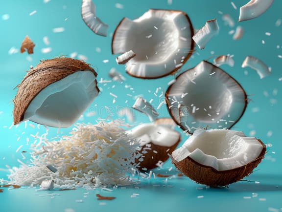 Fresh Coconut Exploding Mid Air with Water Splash on Aqua Blue Background Tropical Fruit Concept ...