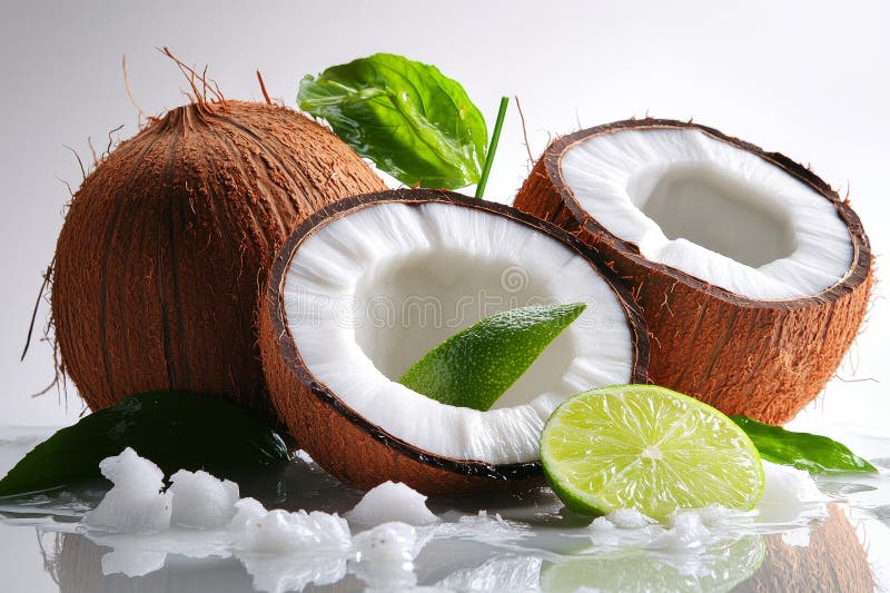 Fresh Coconut Halves, Coconut Meat, and Lime on Marble Surface ...