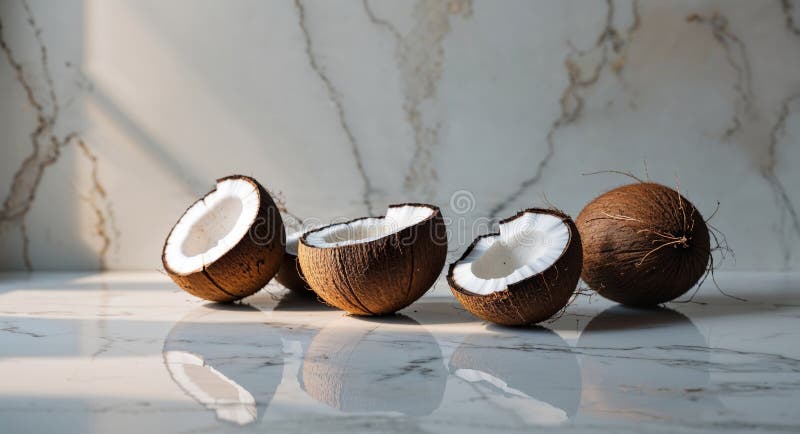 Fresh Coconut Halves and Pieces on a White Marble Surface Stock Image ...