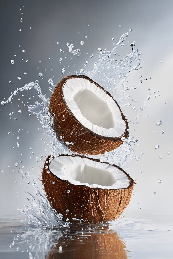 Fresh Coconut Halves Splashing in Water with Dramatic Lighting on Grey ...