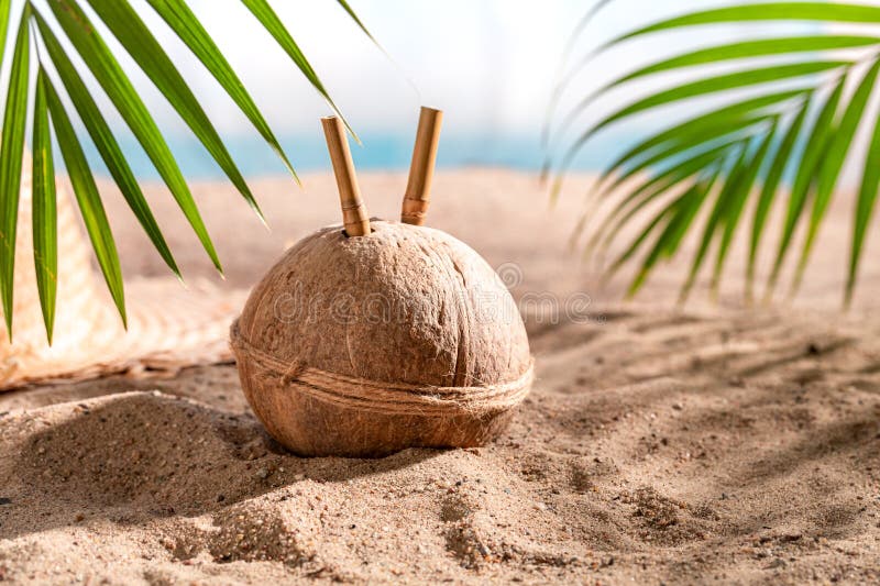 Fresh Coconut Milk in Shell on an Exotic Beach Stock Image - Image of ...