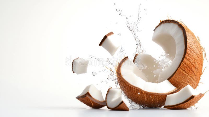 Frozen Coconut Pieces Exploding in Water Against a White Isolated ...