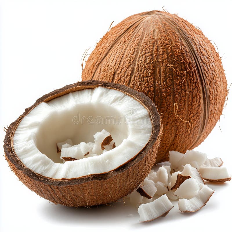 Fresh Coconut Split Open with White Flesh and Small Pieces Scattered on ...