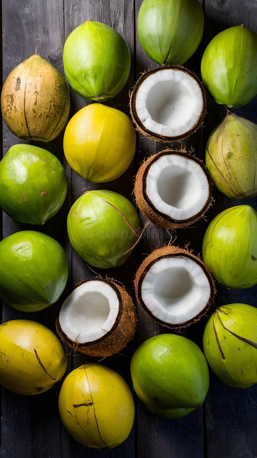 Fresh Coconuts Arranged Tastefully on a Wooden Backdrop Stock ...