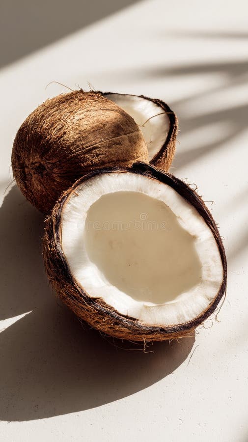 Fresh Coconuts Cut Open on a Light Surface with Natural Shadows in a ...