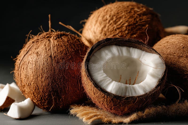 Fresh Coconuts Displayed on a Dark Surface in a Kitchen Setting Stock ...