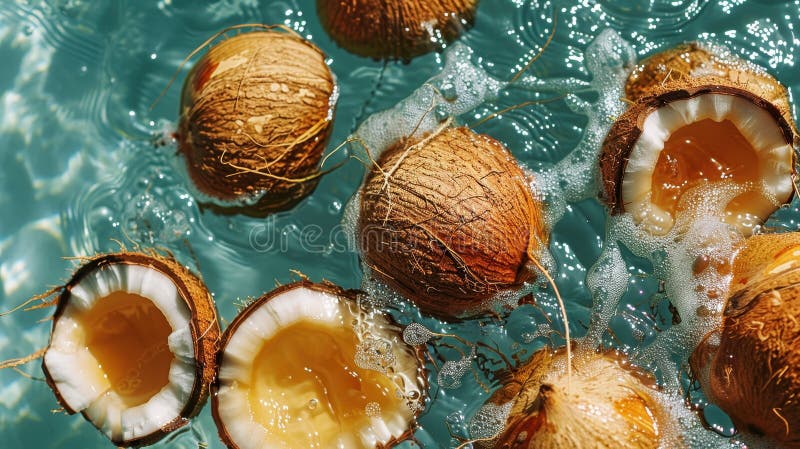 Fresh Coconuts Float Serenely in a Shimmering Summer Swimming Pool ...
