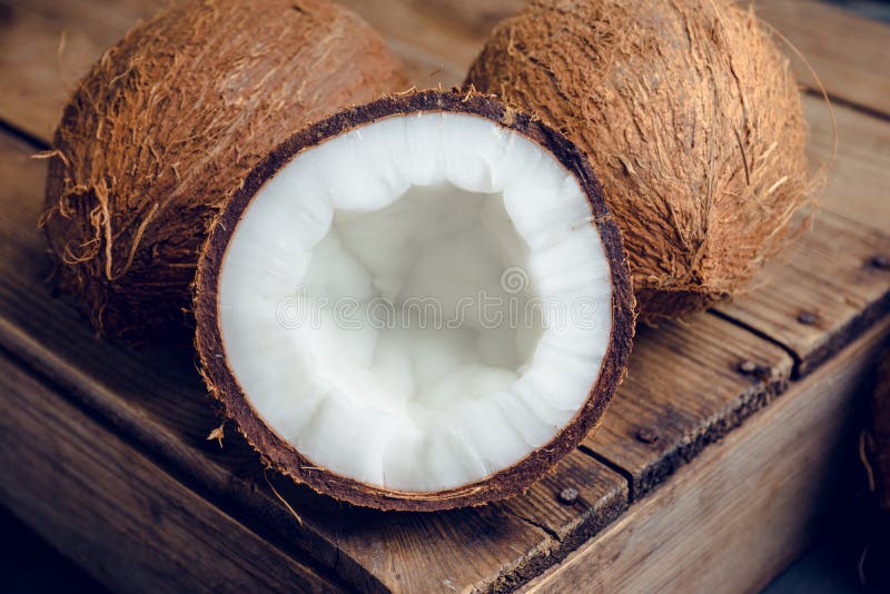Fresh Coconuts On The Rustic Background Stock Photo - Image of wooden ...