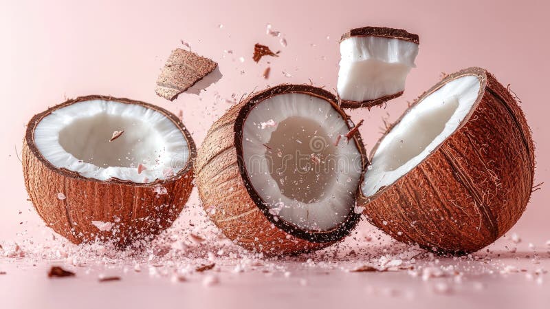 Fresh Coconuts Shattered on Pink Background with Flying Pieces and ...