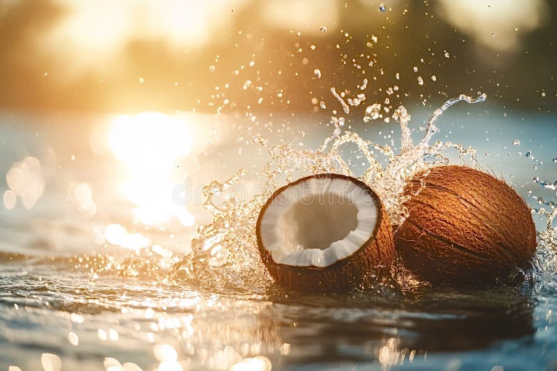 Fresh Coconuts Splashing in Tropical Water at Sunset Stock Photo ...