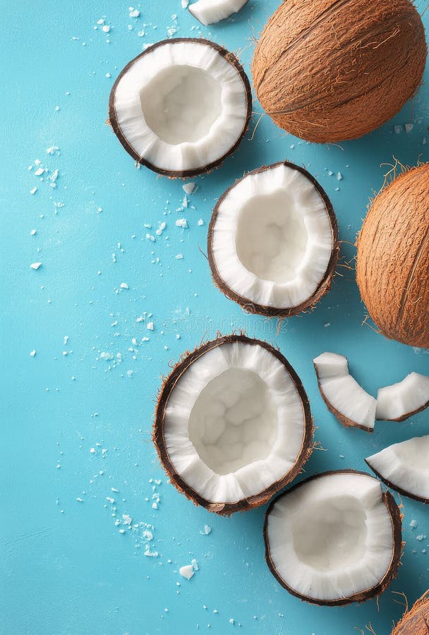 Fresh Coconuts Split Open on a Bright Blue Background with Coconut ...
