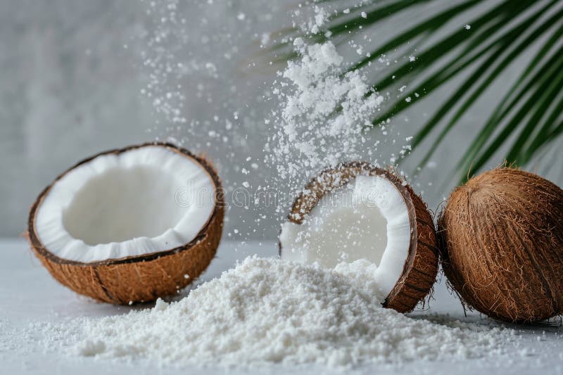 Coconuts Split Open on Wooden Table with Straw Ready for Refreshing ...