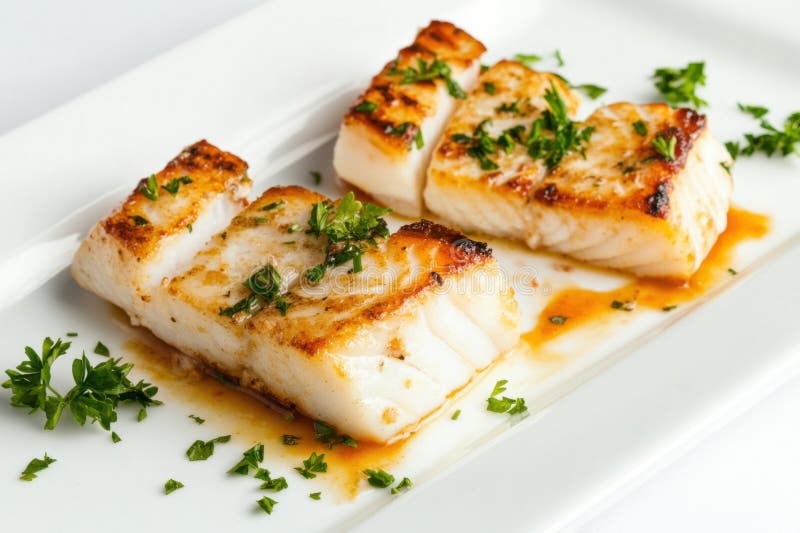 Fresh Cod Fish Fillets Served with Parsley on a White Plate for Gourmet ...