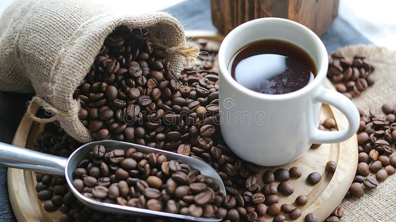 Fresh Coffee Beans and a Cup of Coffee Natural Coffee and Brewing Process Stock Illustration ...