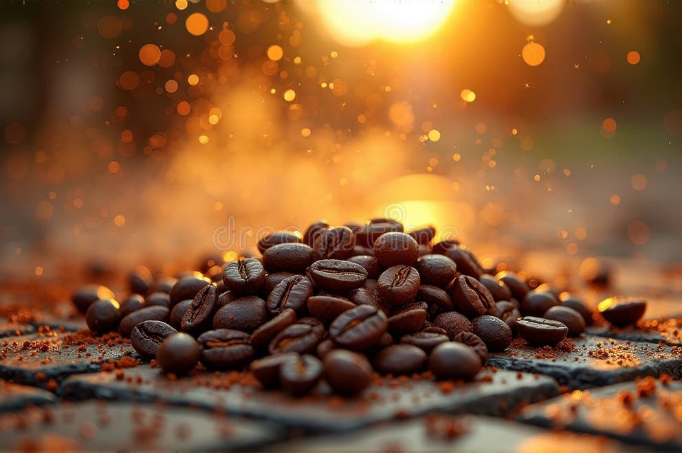 Fresh Coffee Beans on Rustic Surface with Warm Sunrise Backdrop Stock ...