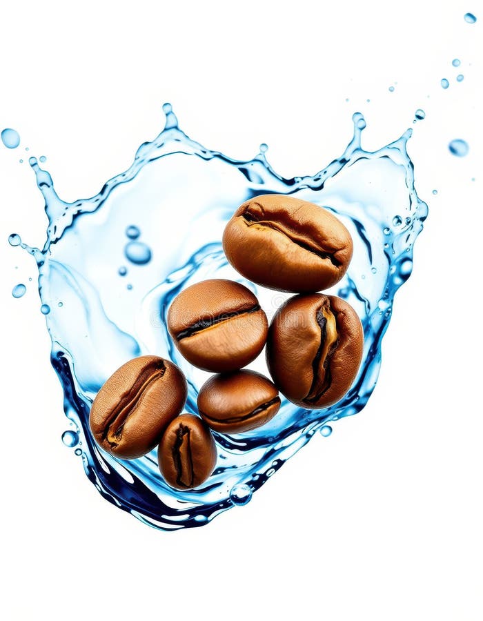 Fresh Coffee Beans Splash into Crystal Clear Water Creating an Eye ...