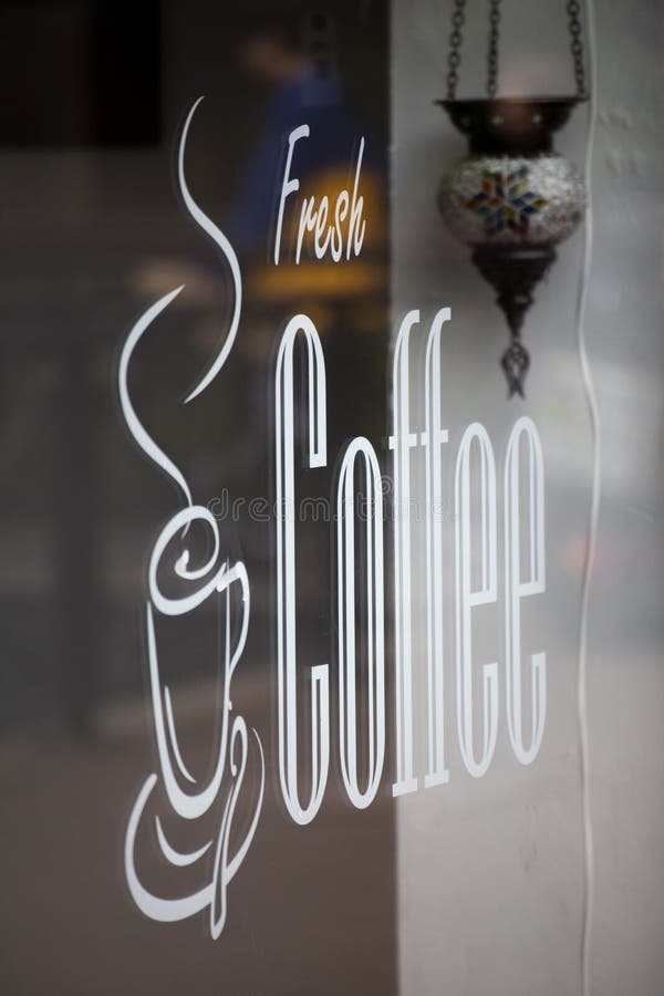 Fresh coffee sign in cafe stock image. Image of commercialism - 147632339