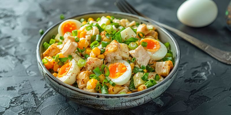 Fresh and Colorful Chicken Salad with Boiled Eggs, Corn, and Green ...