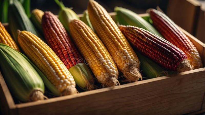 Fresh Colorful Corn Cobs in a Wooden Box. Stock Photo - Image of ...