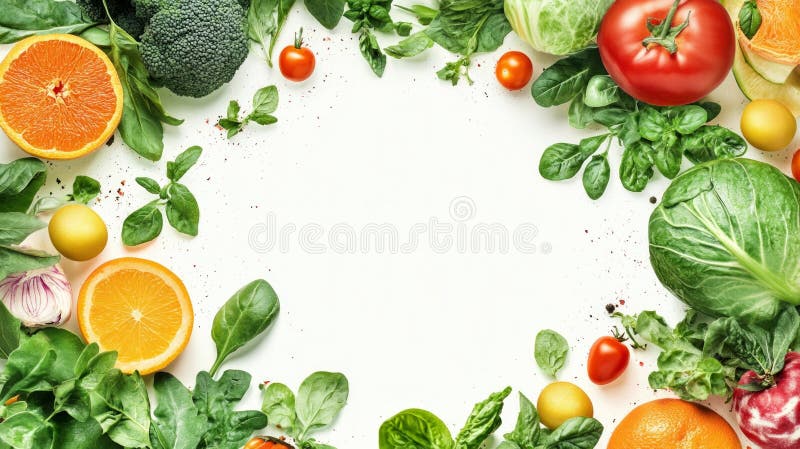 Fresh Colorful Fruits and Vegetables Border on White Background Stock ...