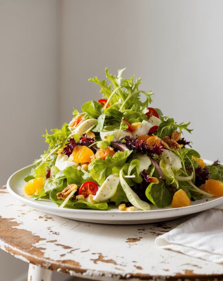 Fresh and Colorful Gourmet Salad Presentation on Rustic Wooden Table ...